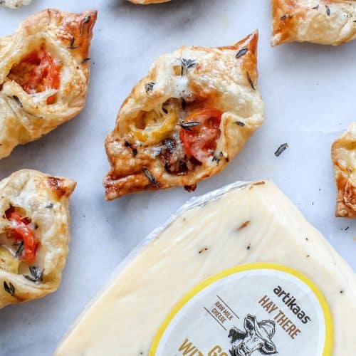 Truffle gouda, caramelized onion and tomato puff pastry boats - bon abbetit