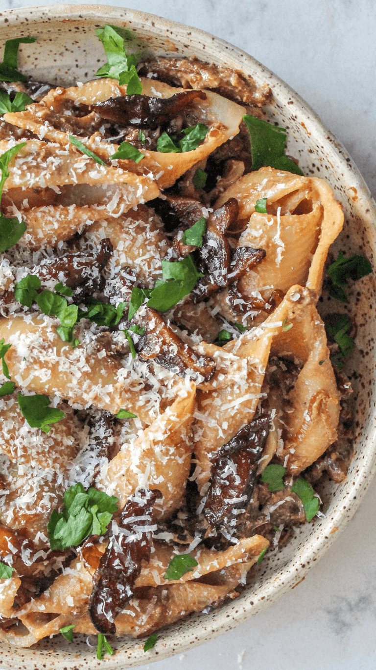 Creamy Balsamic Shell Pasta with Shiitake Mushrooms and Herbs - bon abbetit